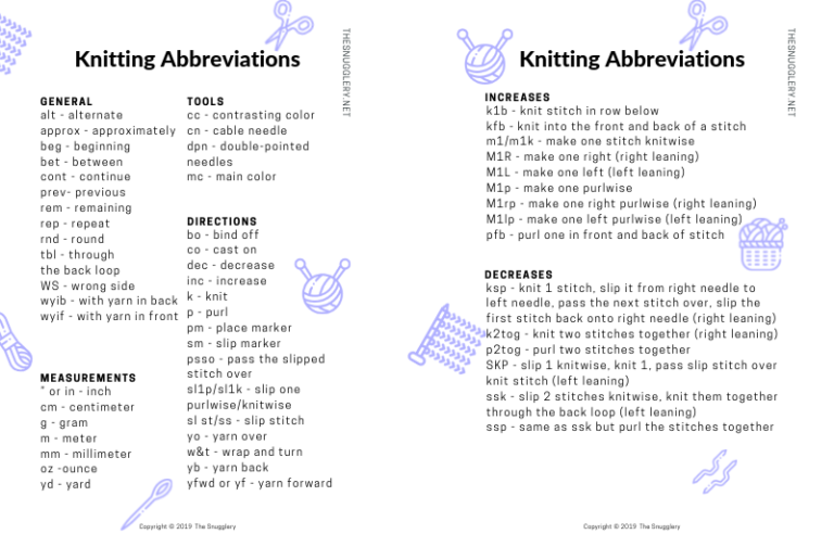Free Printable Knitting Abbreviations Chart – The Snugglery Free Printable Knitting Abbreviations Chart – The Snugglery